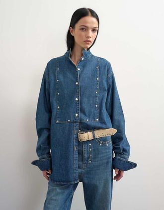 Topshop x Talia Byre Hemd mit breiter Knopfleiste und Nieten in verwaschenem Blau