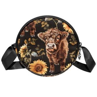 Generic Sac &agrave; bandouli&egrave;re rond pour femme, motif vache et tournesol avec fermeture &eacute;clair et bretelles r&eacute;glables