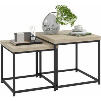 HOMCOM Homcom - Lot de 2 tables basses gigognes carr&eacute;es style contemporain - acier noir panneaux aspect ch&ecirc;ne clair