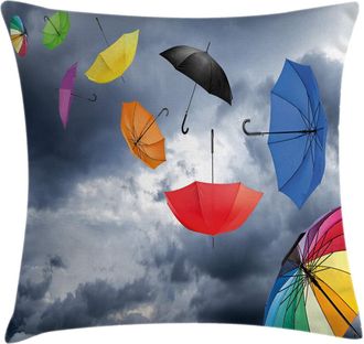 Abakuhaus Stoff Kissenbezug, Fliegen Regenschirme Wolken, Digitaldruck Wasser Resistent Farbfest mit Reißverluß und Waschbarer Kissenhülle, 40 x 40 cm, Grau und