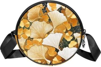 Generic Circle Sac &agrave; bandouli&egrave;re pour femme, petit sac &agrave; bandouli&egrave;re dor&eacute; Ginkgo Biloba avec fermeture &eacute;clair, bretelles r&eacute;glables, sac &agrave; main rond d&eacute;contract