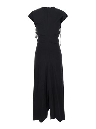 Tela Womens Long V-Neck Dress Black Linen Blend