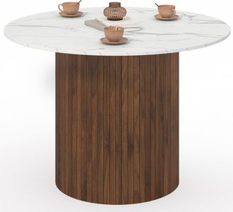 IDMarket Runder Esstisch Juliette 6 Personen Zentralfu&szlig; mit Latteneffekt Nussbaum und Tischplatte mit wei&szlig;em Marmoreffekt Alaska 110 cm