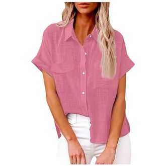 Generic Chemise d&eacute;t&eacute; en coton et lin &agrave; manches courtes pour femme - Tunique d&eacute;contract&eacute;e ample unie - V&ecirc;tements tendance avec poches, Rouge, XXL