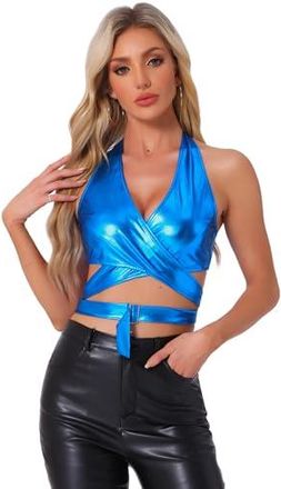 Allegra K Débardeur Sexy Femme Top Metallique sans Manches Débardeurs Été Holographiques Dos Nu à Col en V Crop Top pour Festival et Club Bleu XL