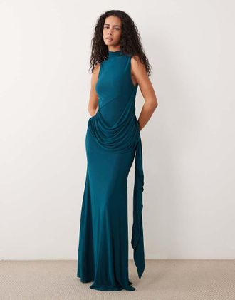 Asos robe longue pr&egrave;s du corps &agrave; col montant et d&eacute;coupes avec d&eacute;tail drap&eacute; &agrave; col b&eacute;nitier et ceinture &agrave; nouer en bleu p&eacute;trole