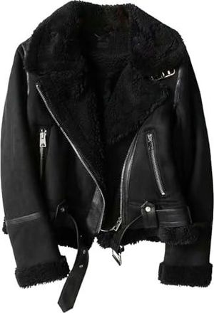 Generic Manteau dhiver en peau lainée avec poches pour femme, veste en similicuir, parka épaisse doublée, fermeture éclair, noir, taille XL