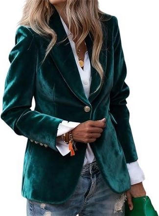 Generic Blazer en velours pour femme - Veste d&eacute;contract&eacute;e &agrave; manches longues pour le travail, le bureau, Halloween, No&euml;l, bleu-vert, L