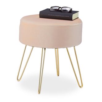 Relaxdays Hocker Samt, Haarnadelbeine, gepolsterter Sitzhocker, H x D: 40 x 37 cm, Couchhocker Wohnzimmer, beige/Gold