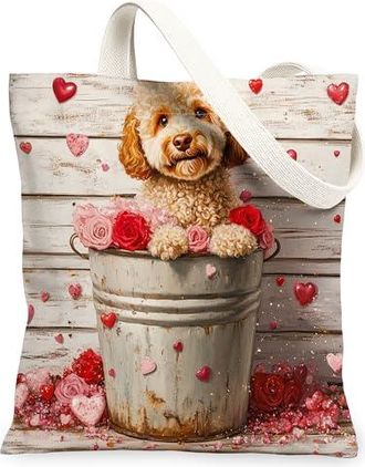 Generic Sac fourre-tout en toile avec caniche pour le shopping 33 x 38 cm, sac &agrave; bandouli&egrave;re r&eacute;utilisable pour femme, peinture danimaux domestiques, d&eacute;coratio