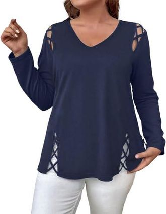 Generic Hauts grande taille pour femme, tunique longue, d&eacute;contract&eacute;e, style croix, couleur pure, coupe ample, col en V, chemisier de f&ecirc;te r&eacute;tro pour sortir, b