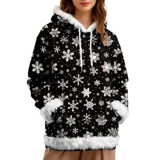 Generic Pull de Noël pour femme, grande taille, imprimé arbre de Noël pailleté, sweatshirts à capuche pour lhiver, hauts de Noël pelucheux à manches longues, 