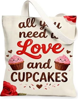 Generic Sacs fourre-tout en toile avec motif de petits g&acirc;teaux, sacs d&eacute;picerie r&eacute;utilisables, motif floral vintage, l&eacute;ger et lavable, beige, 13x15 Inch