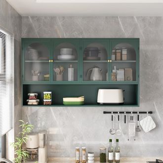 Generic Hängeschrank 120 cm mit 4 Glastüren Industrial - Wandschrank Metall & Gehärtetes Glas, wandmontiert bis 30 kg Oberboden / 20 kg pro Regal, platzsparen