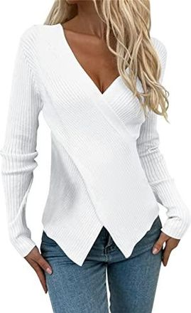 Generic Pull &agrave; manches longues et col en V pour femme - Couleur unie, blanc, XL
