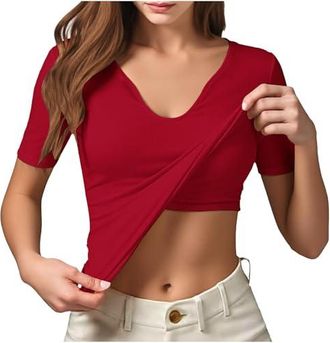 Generic T-shirt &agrave; manches courtes pour femme avec col en V - Bonnets cousus sans armatures - Soutien-gorge doux - Maintien s&ucirc;r - Gilet de sport &agrave; manches cour