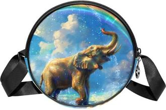 Generic Petit sac &agrave; bandouli&egrave;re rond pour femme, motif &eacute;l&eacute;phant, arc-en-ciel, avec fermeture &eacute;clair, bretelles r&eacute;glables, sac &agrave; main rond d&eacute;contract&eacute; pour fem
