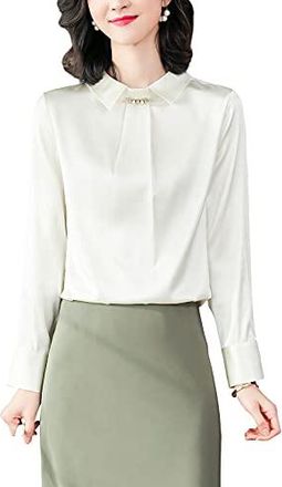 Dissa Chemise en Soie Blanc Unie Manches Longues Revers Blouse &Agrave; Pulls Soie Femme,L,S6621