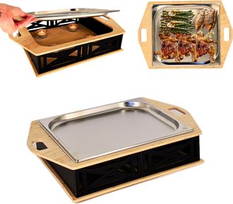 Cawi BBQ-Boards HeatBoard - Speisenw&auml;rmer f&uuml;r Grillabende | BBQ Servierplatte mit Edelstahlauflage & Teelichtfunktion | Warmhalteplatte f&uuml;r Fleisch & Beila