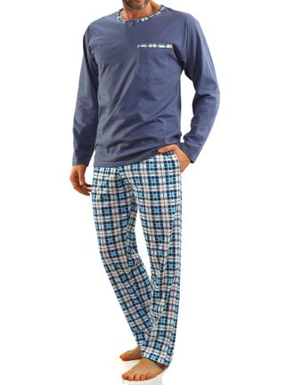Sesto Senso Herren Schlafanzug Lang Baumwolle Pyjama Langarm Shirt mit Tasche Pyjamahose Zweiteilig Set Bunt Nachtw&auml;sche 4XL Jeans