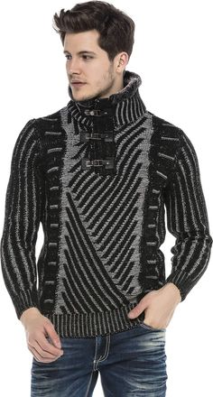 Cipo & Baxx Herren Pullover - Stylischer Strickpullover im modernen Design mit hohem Perfekt f&uuml;r Freizeit, Alltag & Coole Streetwear Outfits - CP212 Schwarz Grau 
