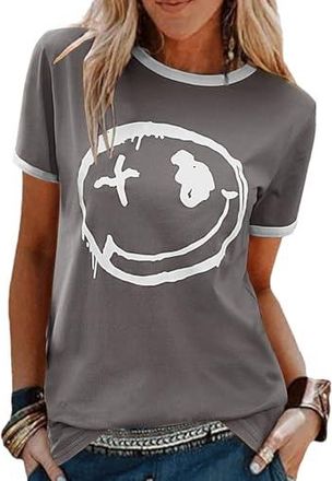 Heekpek Lonya Tee Shirt Femme Manches Courtes D&eacute;t&eacute; Blouse Chic Tops El&eacute;gant T-Shirt D&eacute;contract&eacute;s Imprim&eacute;s Smile Face Chemisiers Gris Fonc&eacute;,S