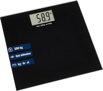 TFA Dostmann Digitale Waage Step Plus, Personenwaage, bis 200kg, schlichtes Design, schwarz, Kunststoff, Trittfläche aus gehärtetem Glas, L340 x B336 x H35 mm, L 3