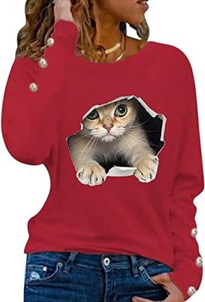 ORANDESIGNE Sweatshirt Chat Femme Automne Col Rond Sweater Patchwork Shirt T-Shirt à Manches Longues Chic Pull Décontracté Oversize Sweat Sportswear Tunique Haut 