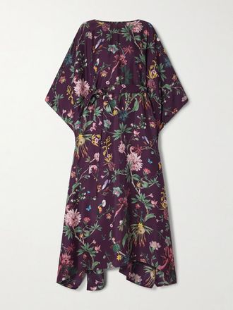 La DoubleJ Kaftan Aus Seiden-twill Mit Blumenprint Und Bindegürtel - Burgunder