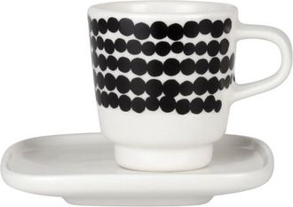 Marimekko Espressotasse mit Untertasse - Oiva-Siirtolapuutarha - Keramik - Weiß-Schwarz - 2-teilig