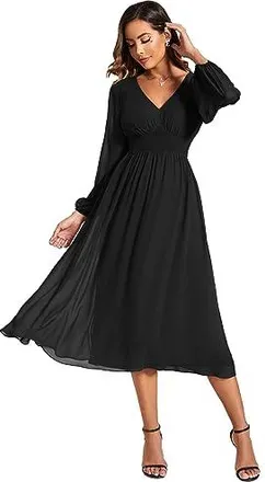 Ever-pretty Robe de Soirée A Line Col V Manches Longues Robe Femme dInvité pour Mariage Noir 36