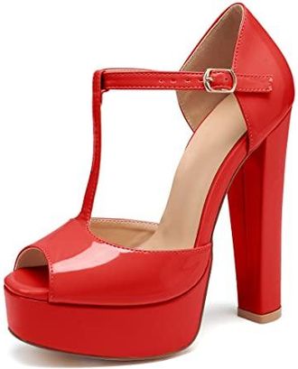 elashe Femme T-strap Talon Haut Sandales Plateforme Escarpins Bout Ouvert Chaussure Rouge EU36