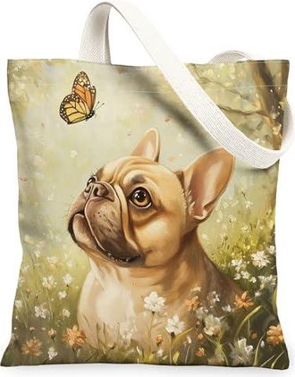 Generic Sac fourre-tout en toile motif bouledogue fran&ccedil;ais printanier 33 x 38,1 cm, sac d&eacute;picerie r&eacute;utilisable pour femme, animal de compagnie, motif de voyag