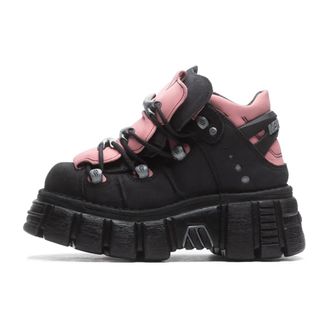 New Rock Schwarze Rosa Leder Schn&uuml;rstiefel - - Shoes - Damen - Schwarzk - 37 EU