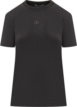 Dolce & Gabbana Femme, Tops, Noir, Taille: 40 FR T-shirt en jersey avec broderie logo