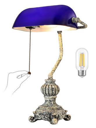 Newrays Retro Blue Glass Bankers Schreibtischlampe f&uuml;r Home Office, Bibliothek mit Pull -Kettenschalter -Plug -in -Fixture, LED -Gl&uuml;hbirne enthalten