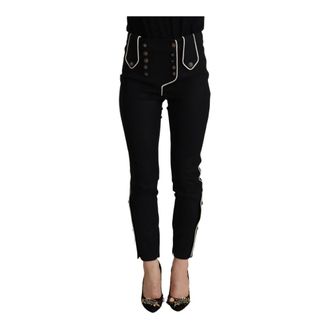 Dolce & Gabbana Femme, Pantalons, Noir, Taille: 36 FR Pantalon Skinny Mi-taille Orn&eacute; de Boutons