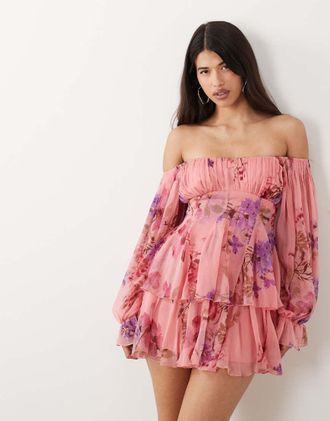 Asos Robe courte double &eacute;paisseur &agrave; fleurs avec &eacute;paules d&eacute;nud&eacute;es et godets - Rose