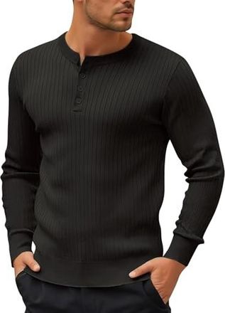 Generic T-shirt pour homme - Pull en tricot &agrave; manches longues boutonn&eacute;s - Pull l&eacute;ger - Automne - Coupe ajust&eacute;e - Pull c&ocirc;tel&eacute;, gris fonc&eacute;, XXL