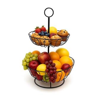 Relaxdays Obstkorb Etagere 2-st&ouml;ckig, Obstschale f&uuml;r die K&uuml;che, moderner Metallkorb f&uuml;r Obst und Gem&uuml;se, Metall, schwarz