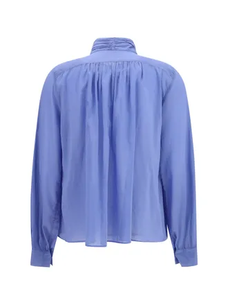 Forte_Forte Womens Pleated High-Neck Blouse Oxford Blue Cotton; Silk Shirt