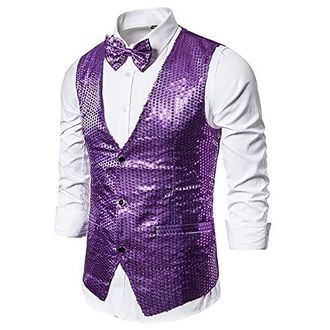 Generic Gilets pour homme tendance élégant uni à paillettes gilet et noeud papillon ensemble personnalité col en V brillant gilet de fête coupe ajustée formel