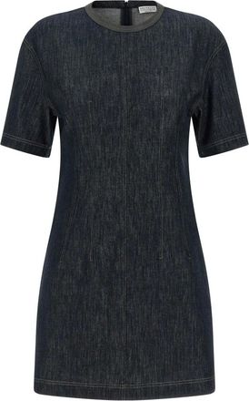 Brunello Cucinelli Femme, Robes, Bleu, Taille: 40 FR Mini-robe en serg&eacute; effet denim de coton avec monile
