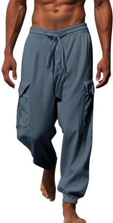 Generic Pantalon cargo en lin pour homme - Jambe droite - Pantalon d&eacute;contract&eacute; - Coupe fusel&eacute;e - Pantalon de combat tactique - Taille &eacute;lastique - Pantalon de 