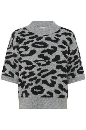 Kaffe Womens Pullover Crew Neck Half Sleeves Animal Print Casual Fit Rib Edges