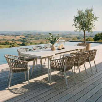 IDIMEX Gartenm&ouml;bel Set Sunny mit ausziehbarem Esstisch und 8 St&uuml;hlen, Esstisch Gestell aus Alu in wei&szlig;, Seilbespannung der St&uuml;hle in beige, Essgruppe inkl. S