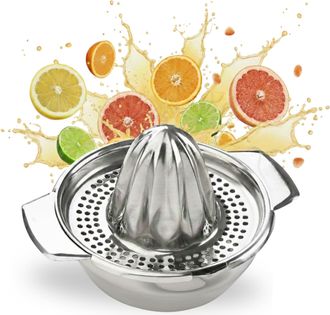 Fackelmann Chefkoch trifft Fackelmann Zitronenpresse aus Edelstahl (425ml) - 2-teilige Zitruspresse, Saftpresse f&uuml;r Zitronen, Limetten & Co., mit Ausgie&szlig;er f&uuml;r s