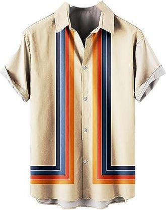 Keephen Hommes rayés à Manches Courtes Chemises à Revers Chemises hawaïennes Casual Button Down Blouse Beach Holiday Shirt