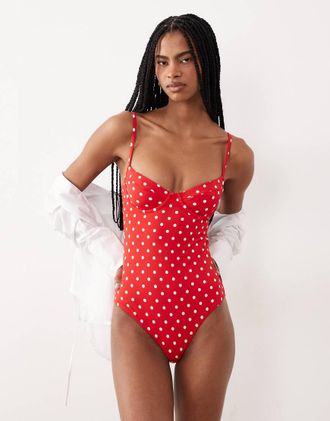 Asos Maillot 1 pi&egrave;ce &agrave; pois avec armatures - Rouge