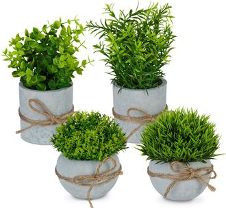 Relaxdays Kunstpflanzen, 4er Set, künstliche Pflanzen im Topf, Kunststoff, Stein, Gras, Rosmarin, Buchsbaum, grün/grau